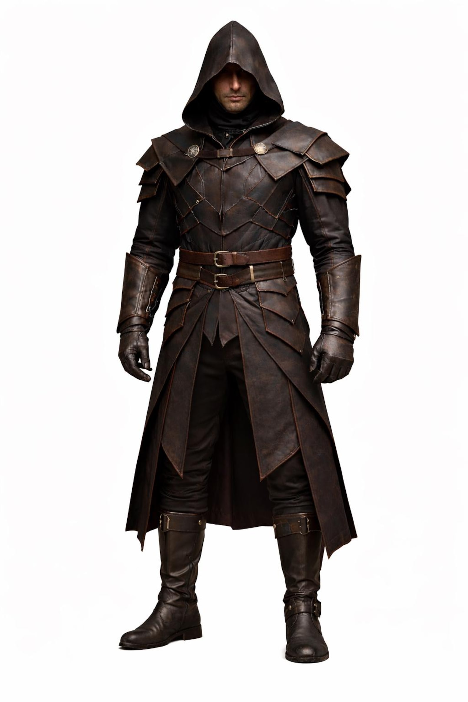 Men’s Assassin Leather Armor Costume – Hooded Medieval Leather Outfit ...