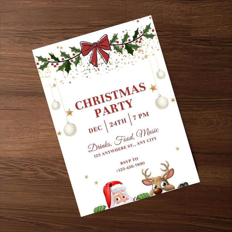 Editable Christmas Party Invitation | Canva Template | Santa & Reindeer ...