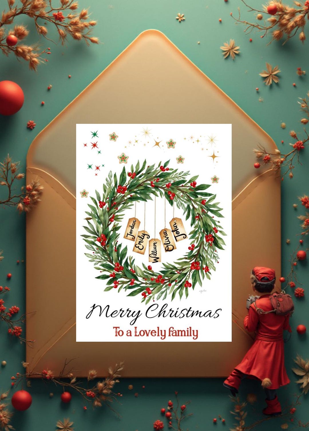 Personalized Christmas Wreath Printable Card | Custom Family Name Tags ...