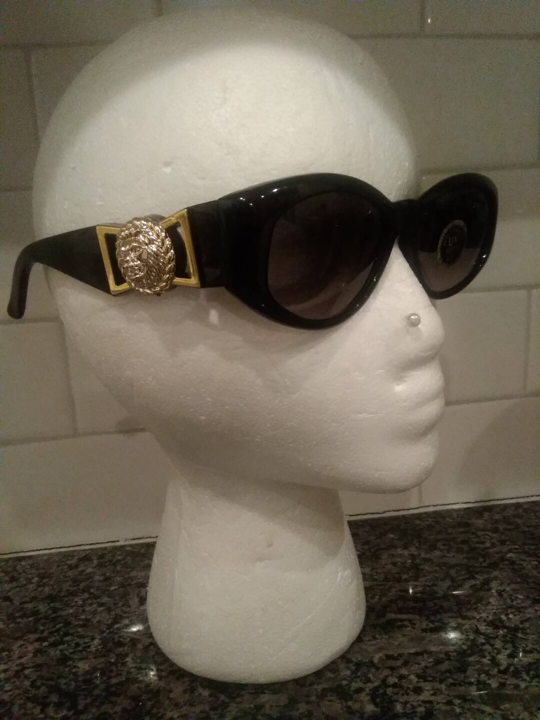 Vintage Black Rectangle Sunglasses, Gold Lion Emblem, Hip Hop Style - Etsy