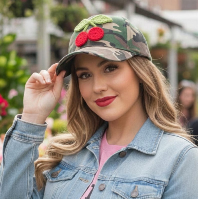 Camo Trucker Hat With Crochet Cherries, Cherry Design Crochet Patch ...