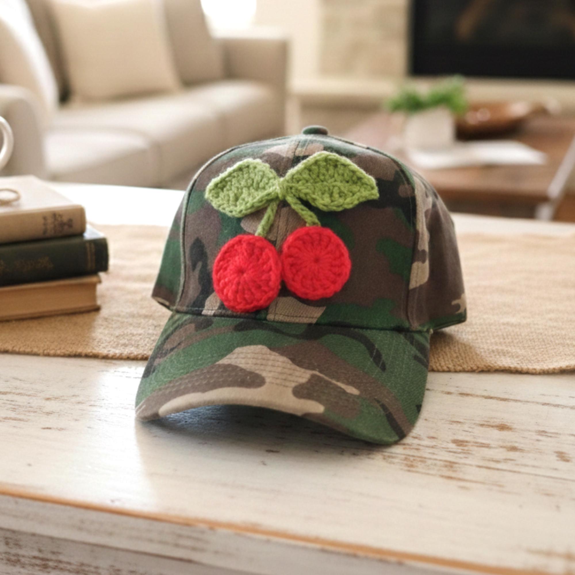 Camo Trucker Hat With Crochet Cherries, Cherry Design Crochet Patch ...