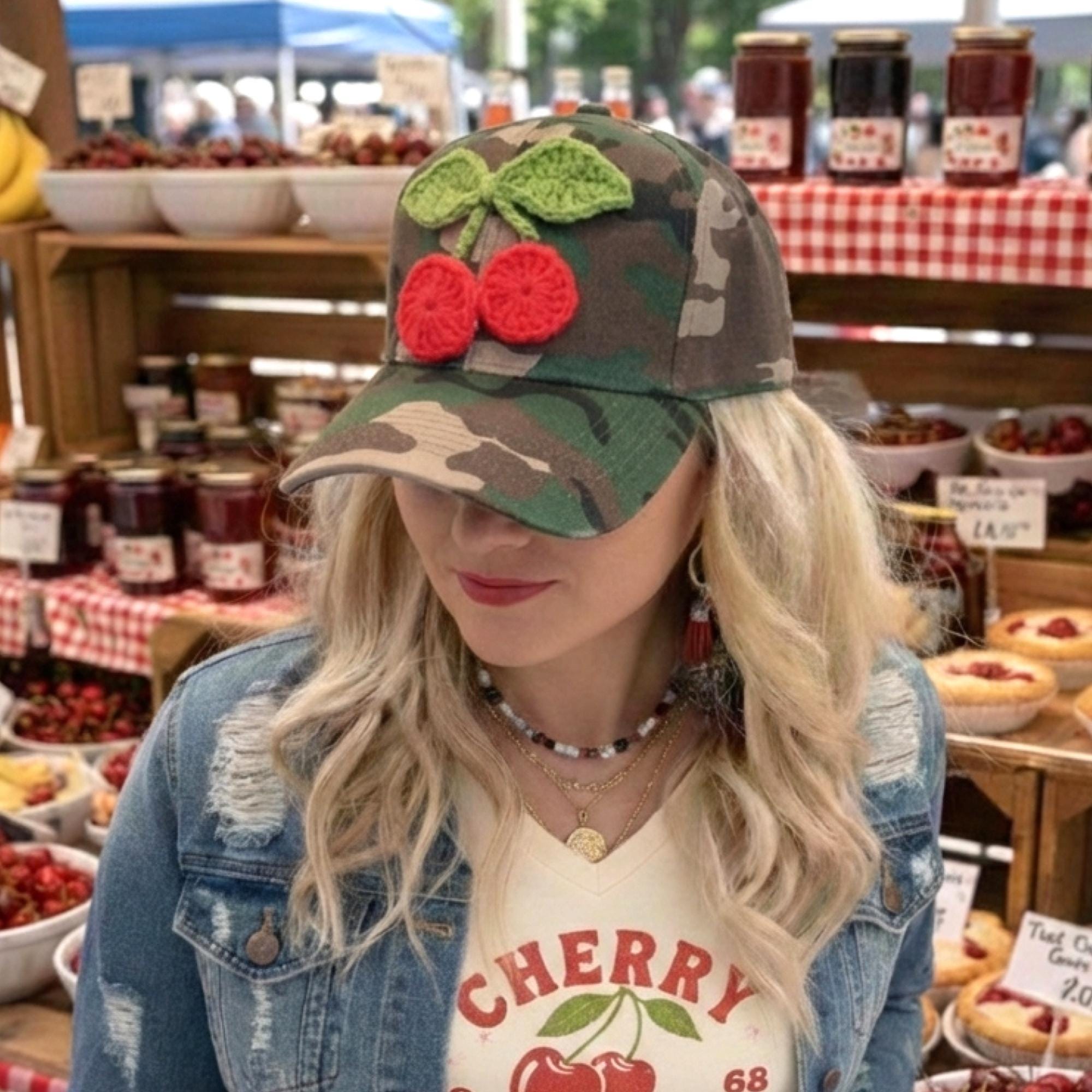 Camo Trucker Hat With Crochet Cherries, Cherry Design Crochet Patch ...