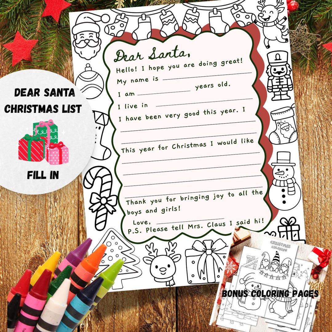 Letter to Santa - Printable Digital File - Fill in Christmas Coloring ...