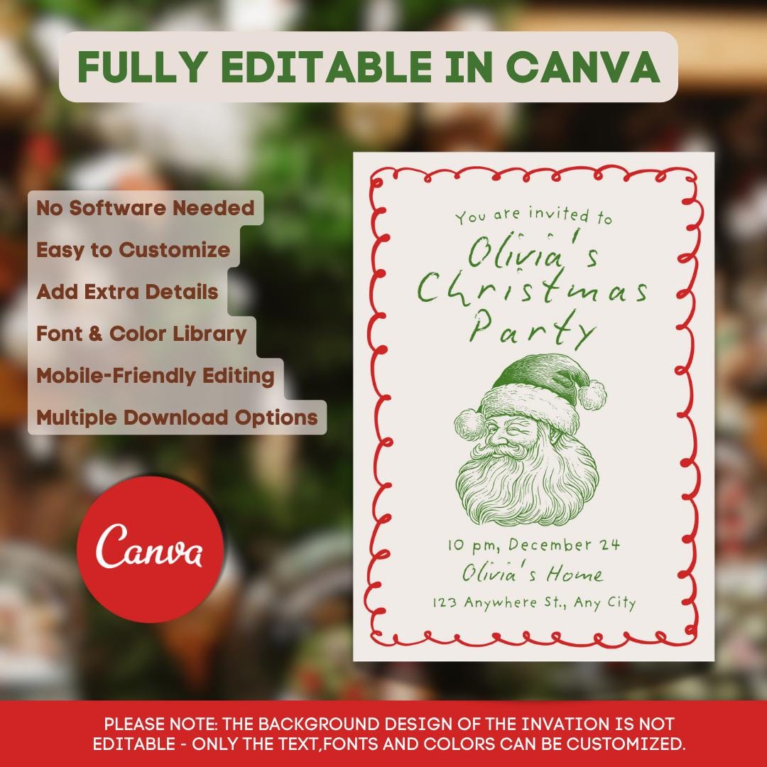 Editable Christmas Party Invitation,santa Claus Holiday Invite ...