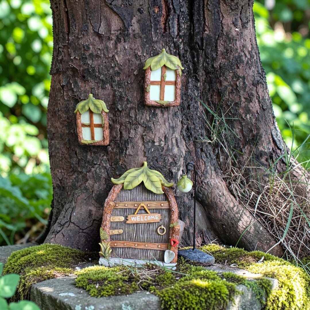 Fairy Door and Window Garden Decor | Glow Resin Tree Ornament Magical ...