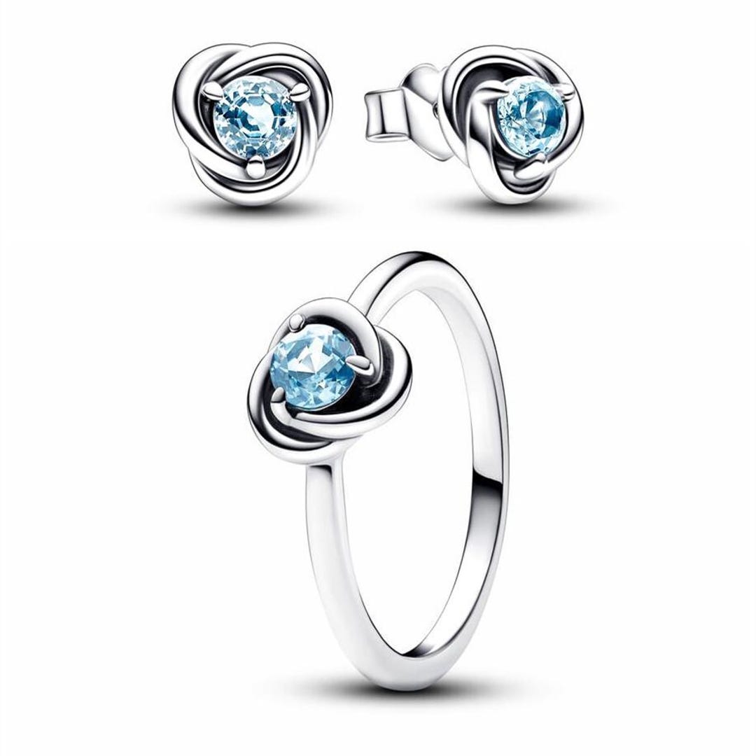 Pandora 925 Sterling Silver March Birthstone Eternity Circle Ring Stud ...