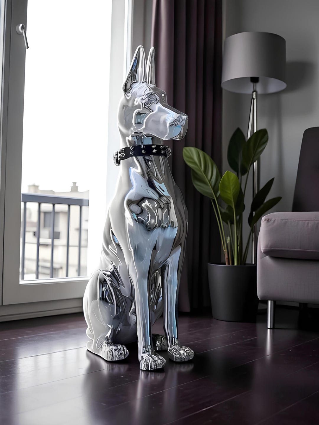 Large Modern Chrome Dog Statue – Resin Design Sculpture – Floor Décor ...