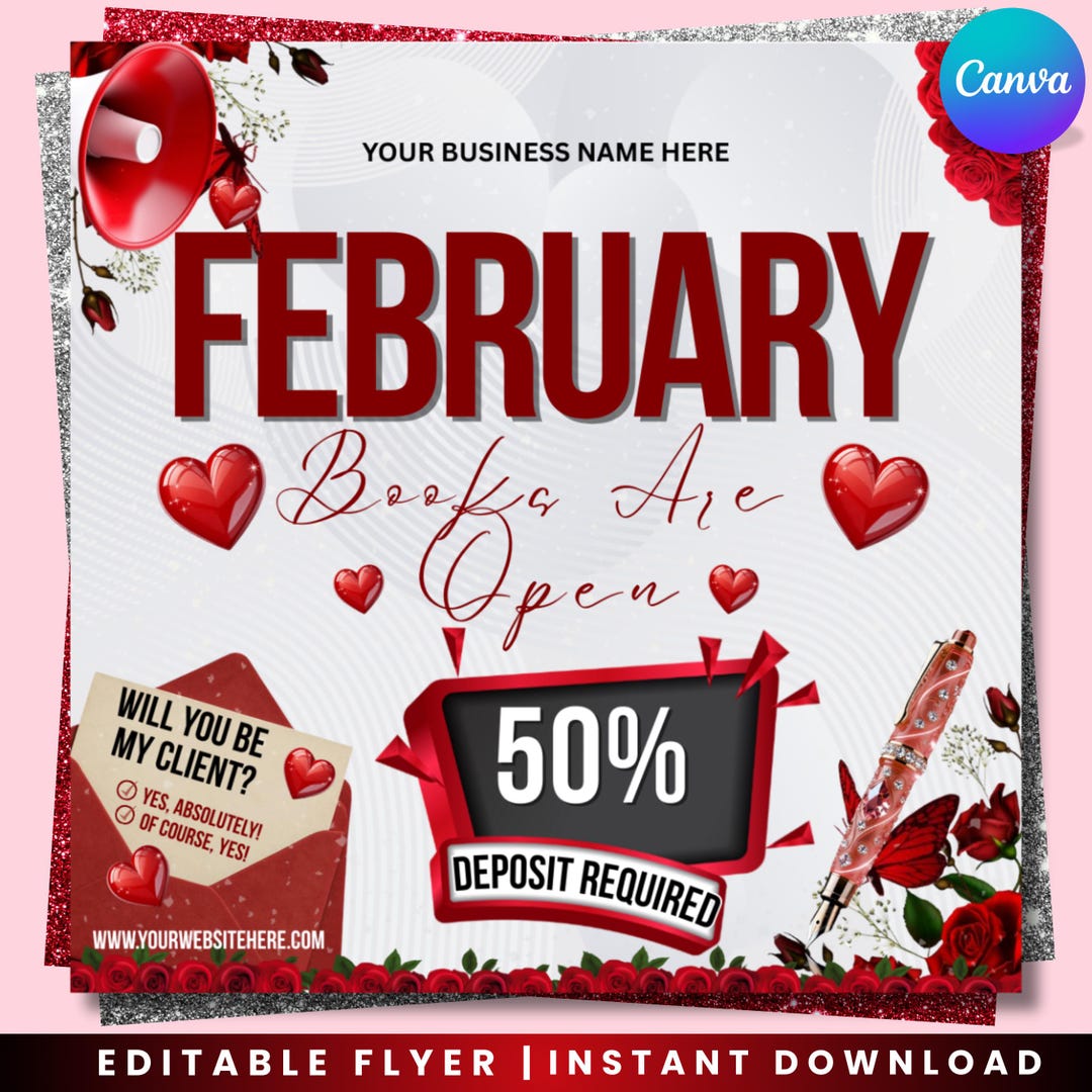 February Books Open, Valentines Day Flyer, February Hair Flyer ...
