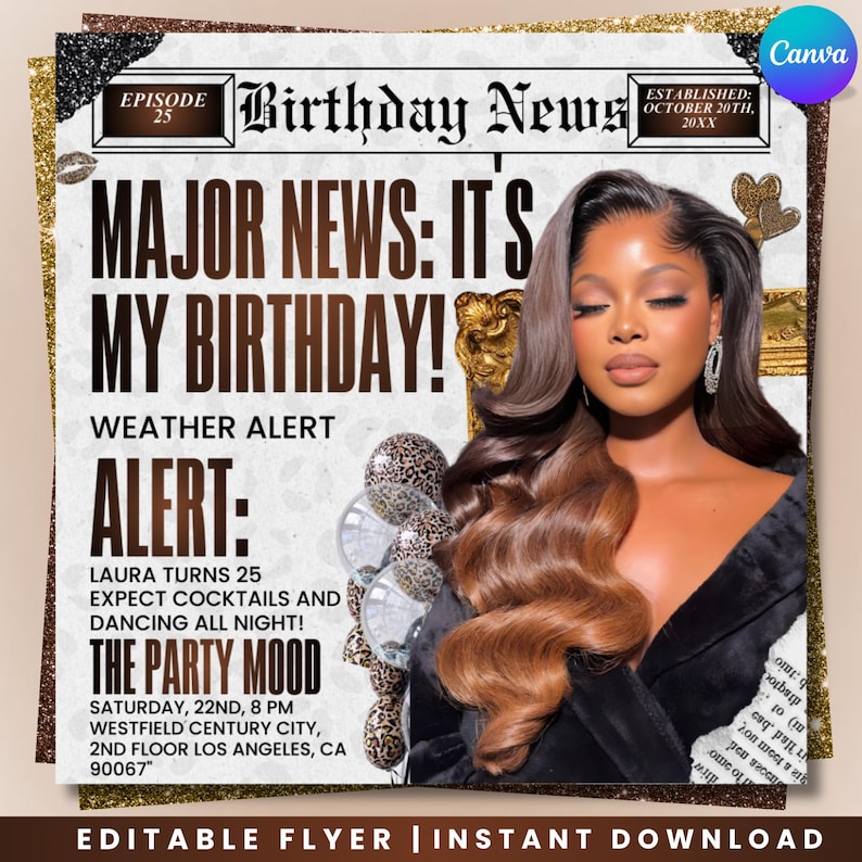 Newspaper Birthday Invitation, Leopard Print Glam Party Evite, Social ...