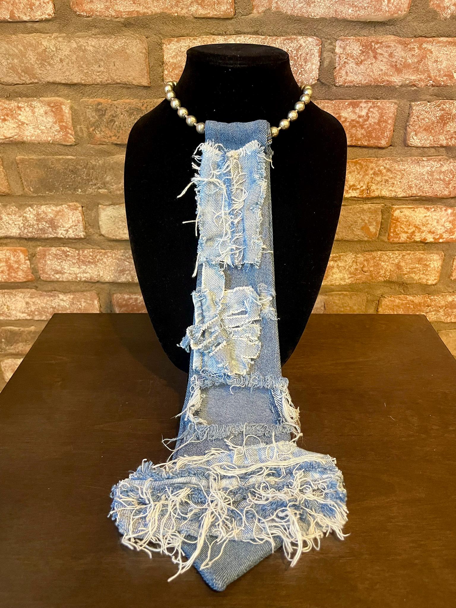 Upcycled Denim Statement Necktie Handmade Distressed W/ Silver Choker ...
