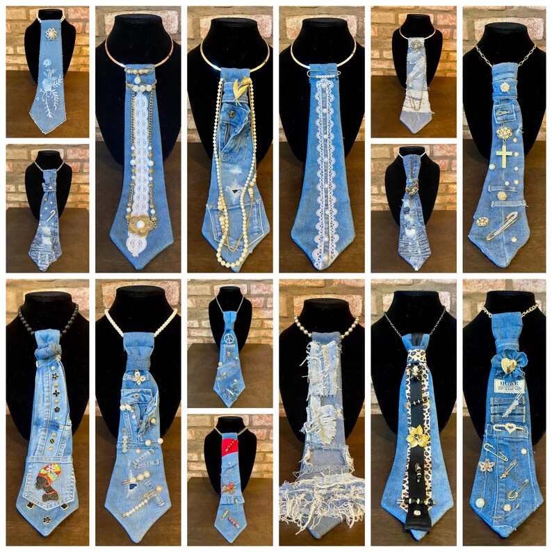 Upcycled Denim Tie Necklace: Handmade Lace & Pearl Statement Collar - Etsy