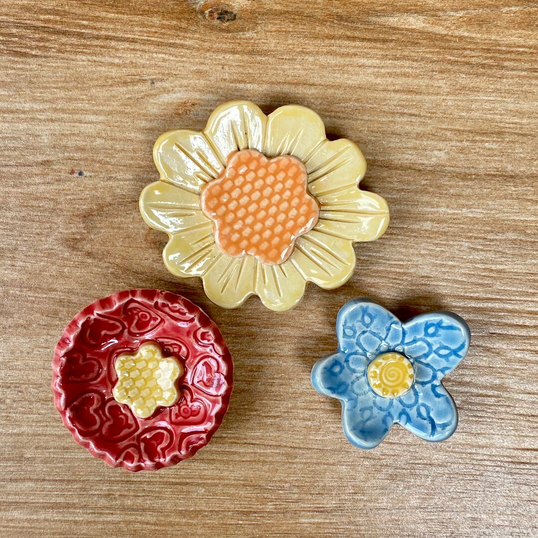 Ceramic Spring Flower Magnets Set of 3 Handmade Pottery Textured Spring ...