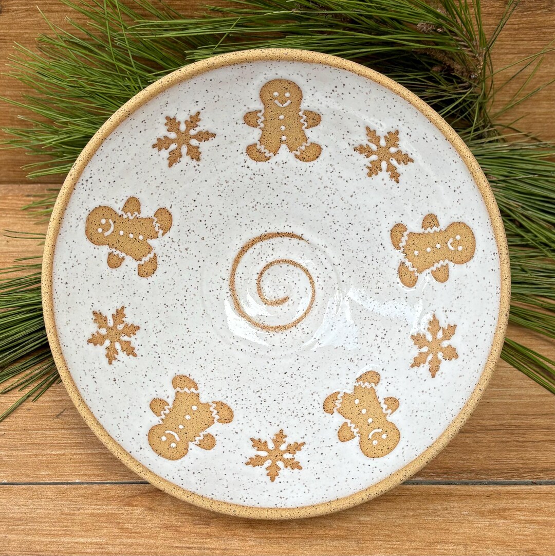 Handmade Pottery Gingerbread Man Bowl & Snowflakes Wheel Thrown Ceramics Speckled White Glaze ...