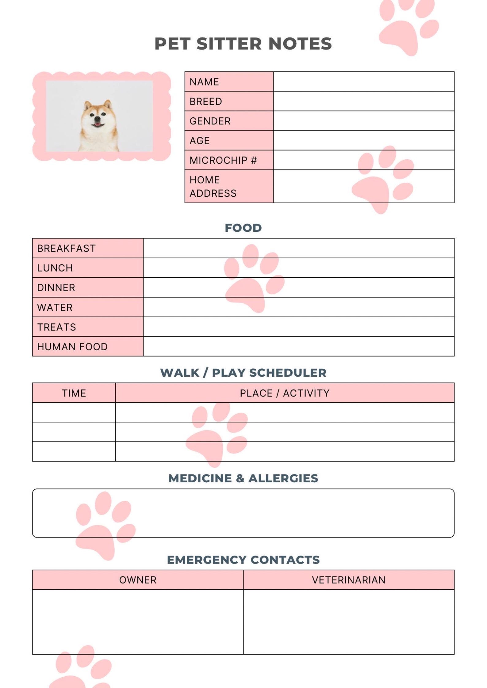 Printable Pet Sitter Info Sheet - Etsy