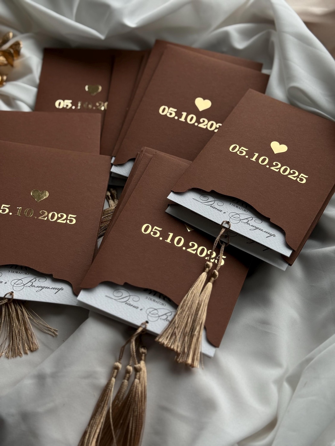 Beautiful Chocolate Wedding Invitations, Gold Heart Detail, Tassel ...