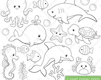 Sea Animals Digital Stamps, Sea Creatures Digital Stamps, Sea Animals ...