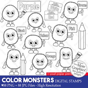 Color Monsters - Digital Stamps - Teachers Clipart - Line Art - Etsy