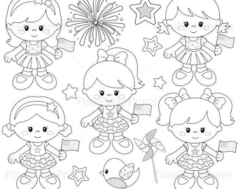 Autumn Girls Digital Stamps Clipart Fall Line Art | Etsy