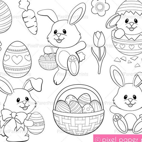 Easter Doodles Digital Clip Art Set Black Line Version | Etsy