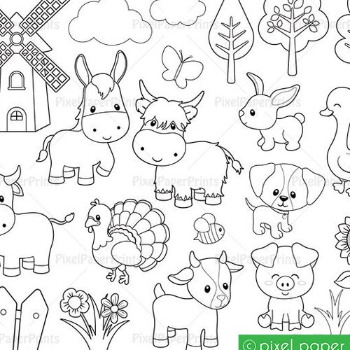 Farm Animals Digital Stamps Clip Art Line Art Digital - Etsy
