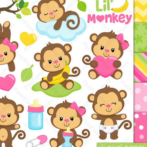 Birthday Monkey Clipart and Digital Paper Set Monkey Clip | Etsy