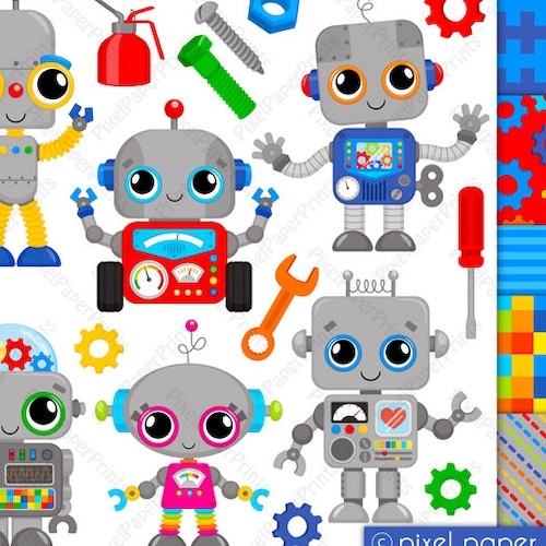Colorful Robots Clip Art and Digital Paper Set Robot - Etsy
