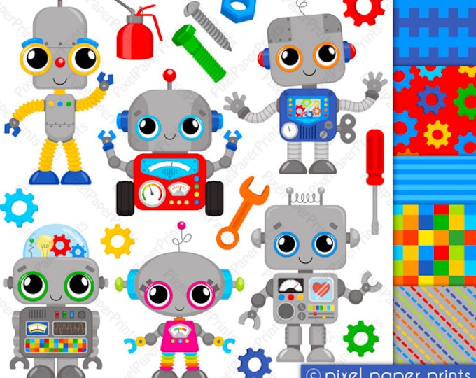 Robot Clipart RETRO ROBOTS Clip Art and Digital Paper Set - Etsy