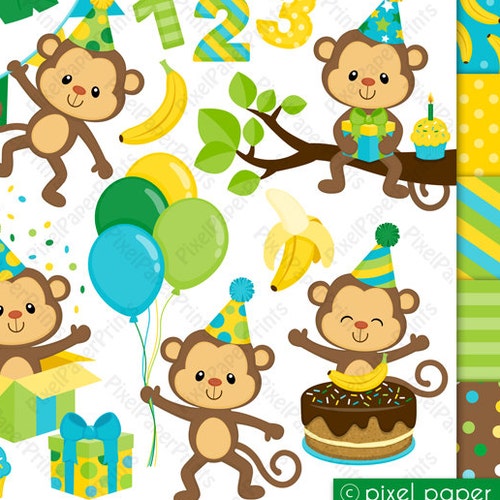 Birthday Monkey Clipart and Digital Paper Set Monkey Clip - Etsy
