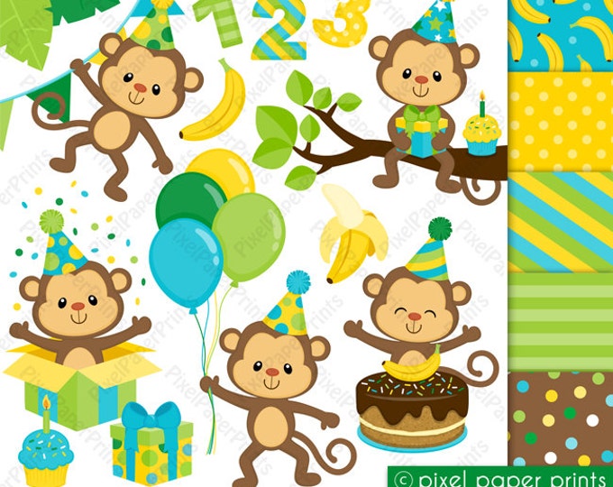 Birthday Monkey Clipart and Digital Paper Set Monkey Clip - Etsy