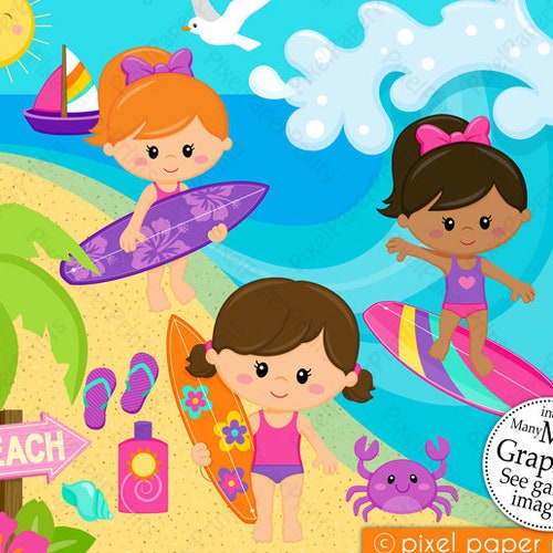 Girls at the Beach Clipart Clip Art and Digital Paper Set - Etsy