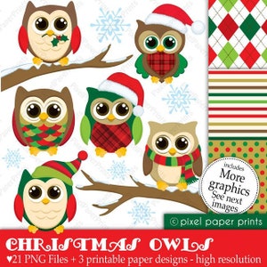 Christmas Owls Clip Art - Digital Paper and Clip Art Set - Digital ...