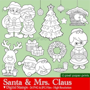 Santa and Mrs. Claus Digital Stamps - Christmas Clipart - Line Art ...