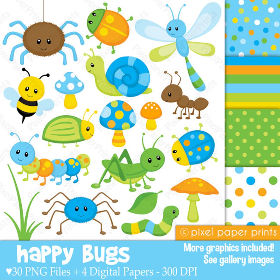 Happy Bugs - Clipart and Digital Paper Set - Insect Clip Art - Neutral ...