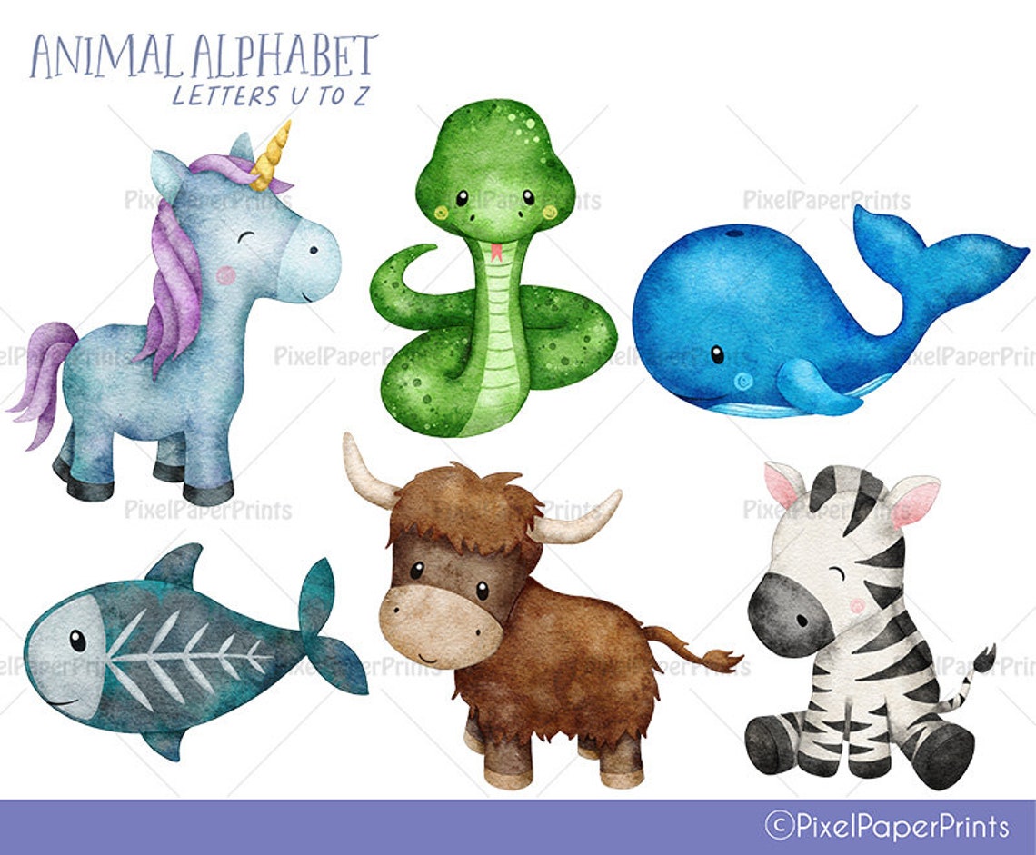 Watercolor Animal Alphabet LETTERS U TO Z Clipart and - Etsy