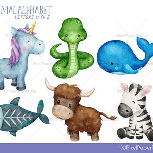 Watercolor Animal Alphabet - LETTERS U TO Z - Clipart and Digital Paper ...