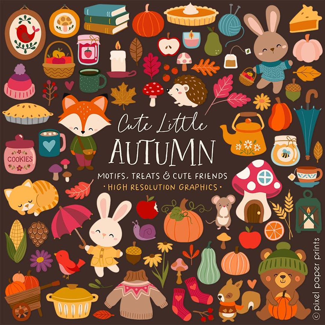 Fall Clip Art - Cute Little Autumn Motifs and Cute Animals - Hygge ...