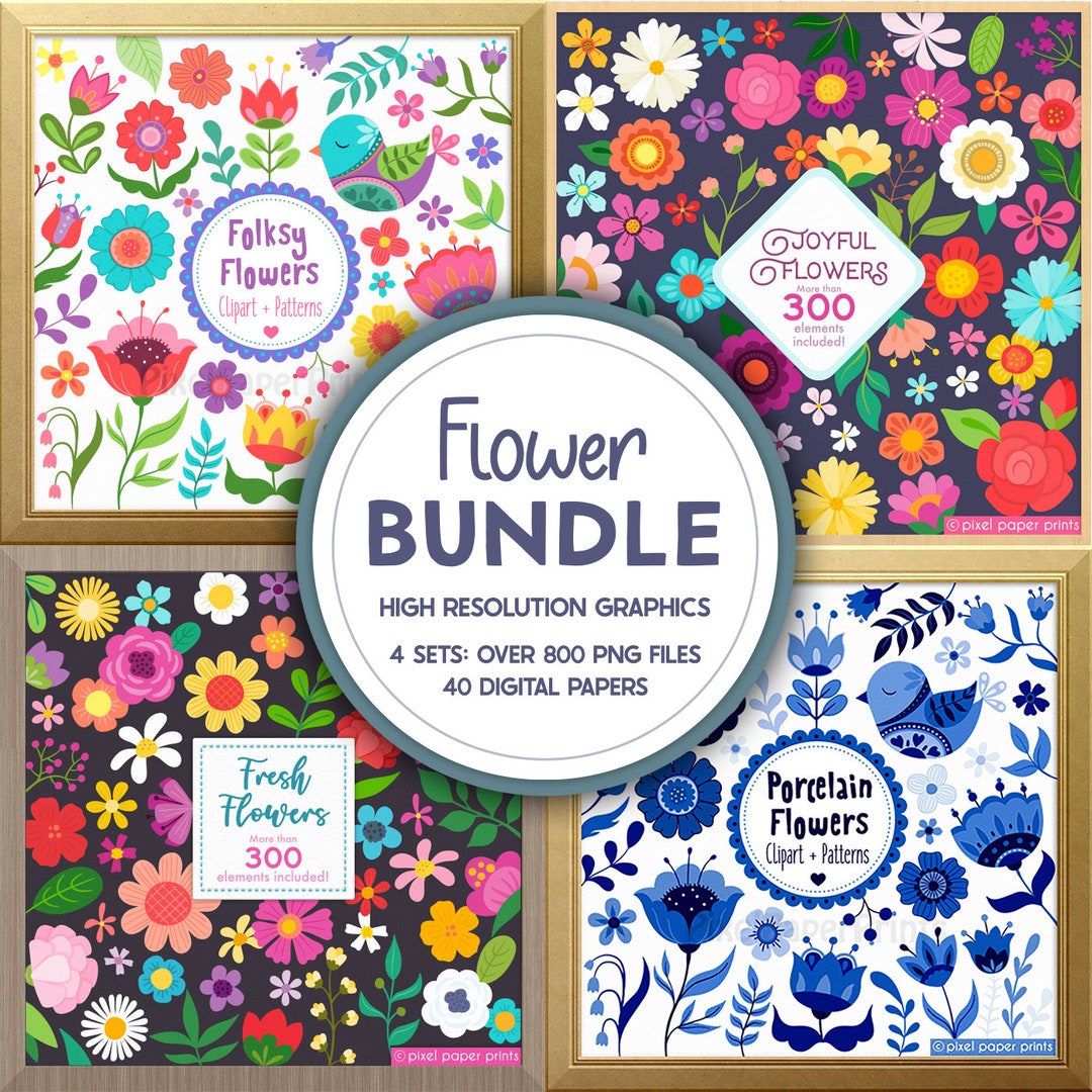 Flower Clipart Bundle - Floral Clip Art and Printable Papers - Digital ...