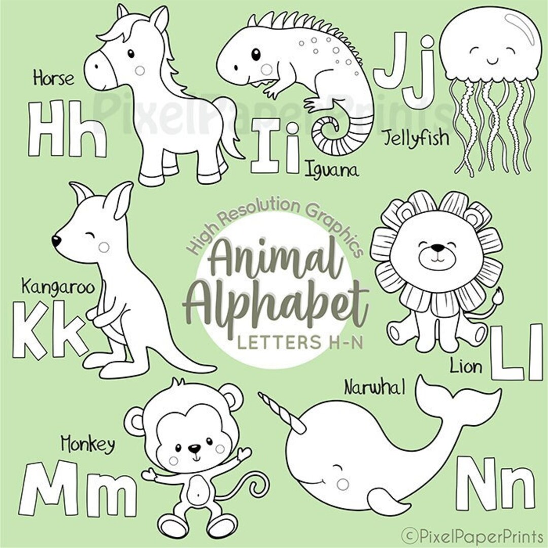 Animal Alphabet H to N - Digital Stamps - ABC Clip Art - Coloring ...