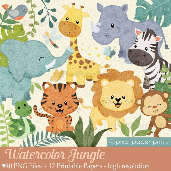 Watercolor Jungle Animals Clip art - Cute animals - clipart - Jungle ...