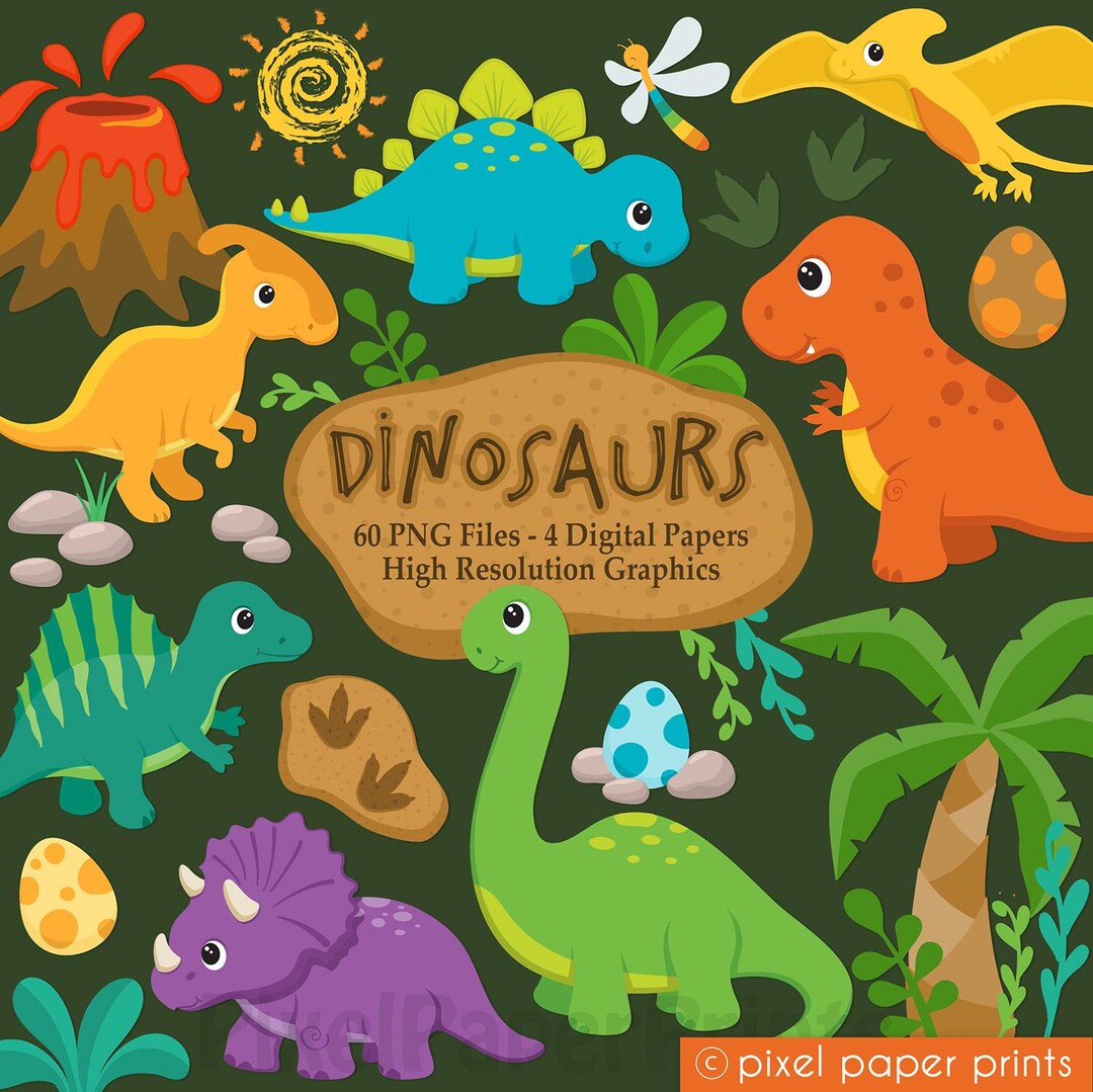 Dinosaur Clipart - DINOSAURS - Clipart and Digital Paper Set - Cute ...