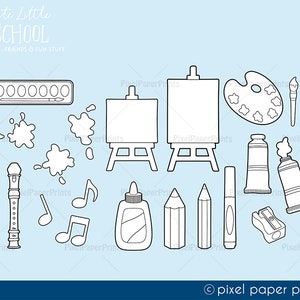 School Supplies Digital Stamps - Cute Little School - Clip Art - Line ...