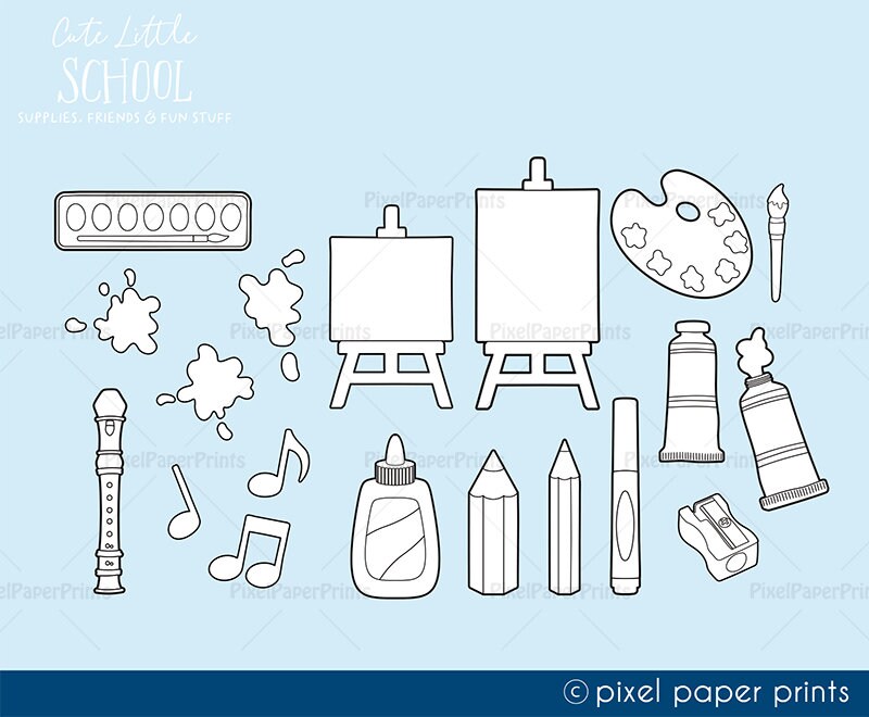 School Supplies Digital Stamps - Cute Little School - Clip Art - Line ...
