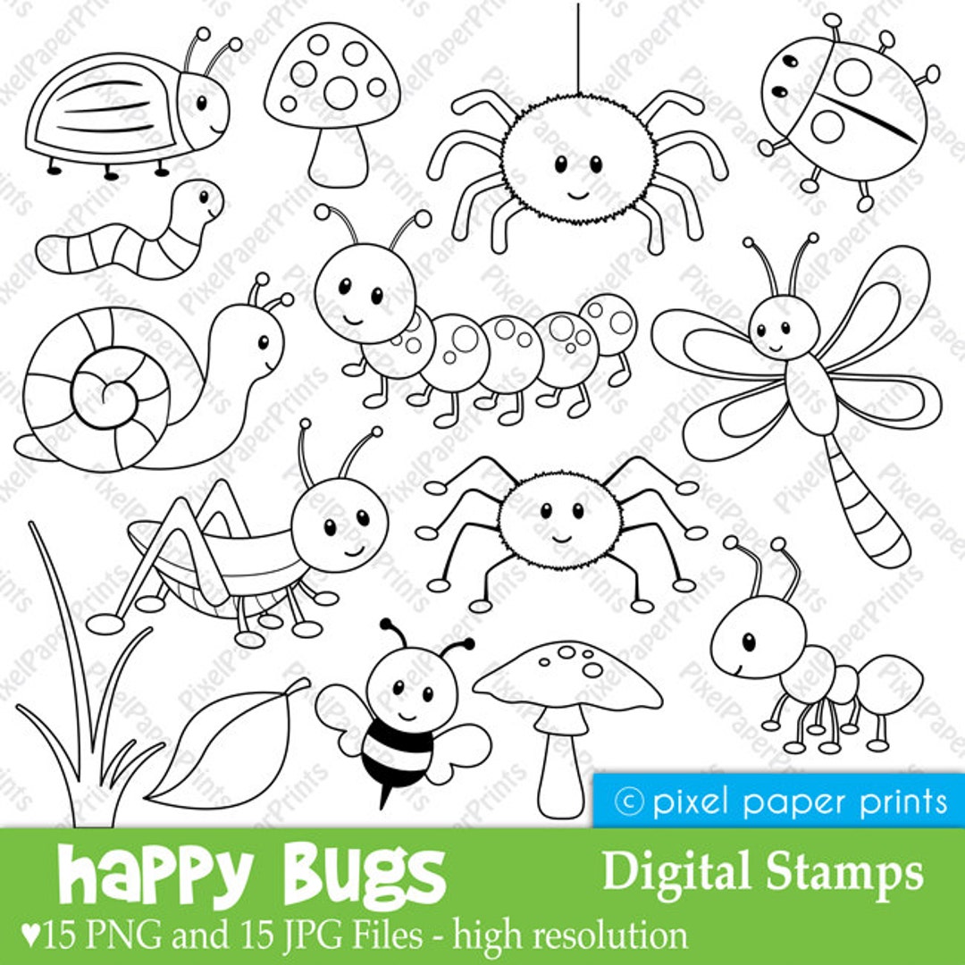 Happy Bugs Digital Stamps - Insects Clipart - Line Art Graphics to ...