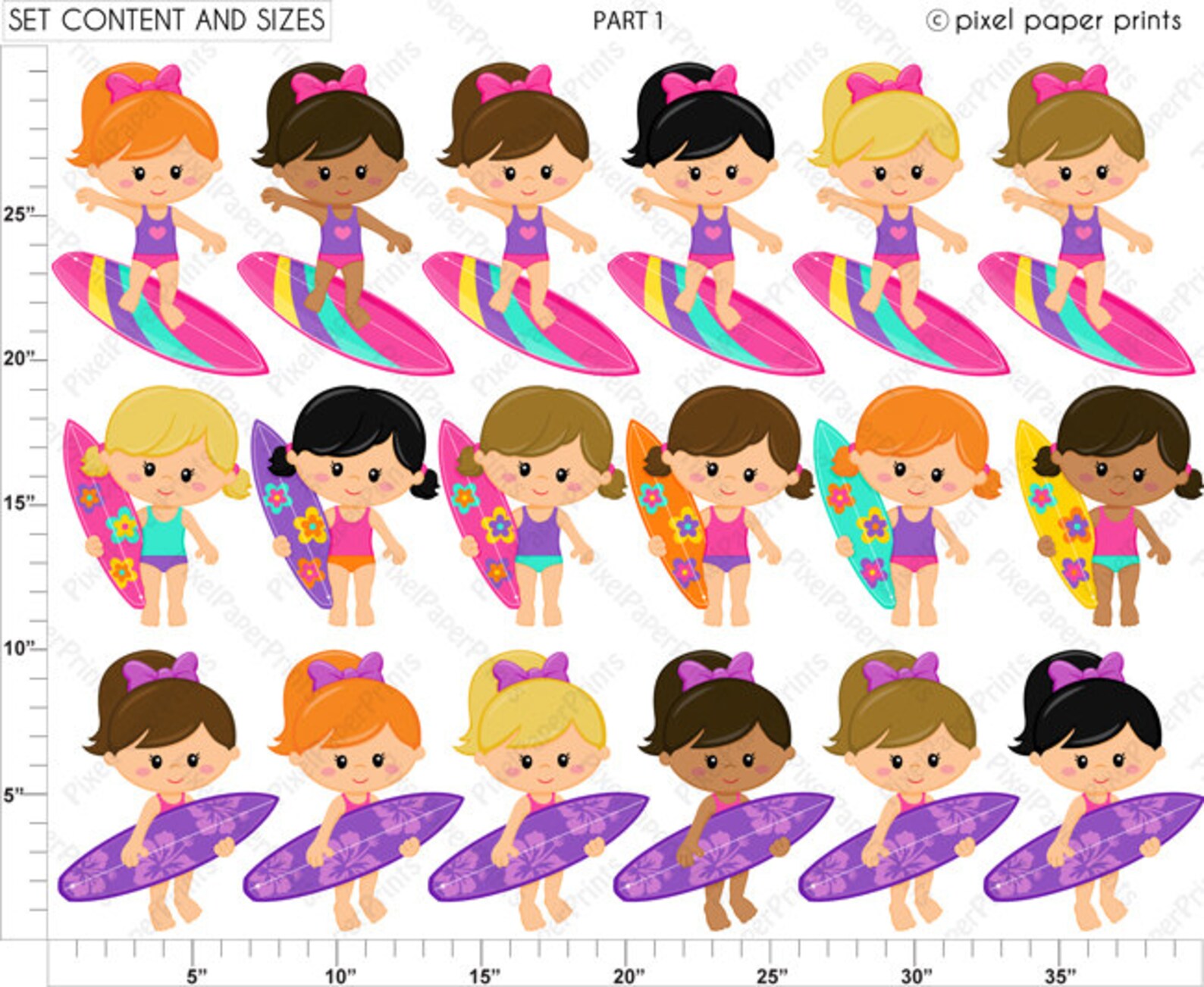 Surfer Girls Clipart Clip Art and Digital paper set | Etsy