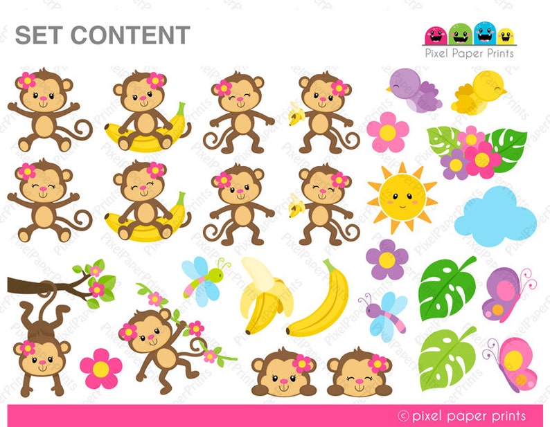 Monkey Girl Clipart and Digital paper set Monkey clip art | Etsy España