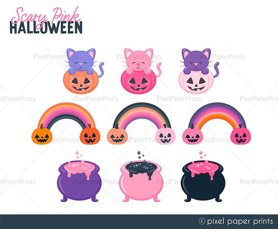 Scary Pink Halloween - Clip Art and Digital Paper Set - Cute Witch ...