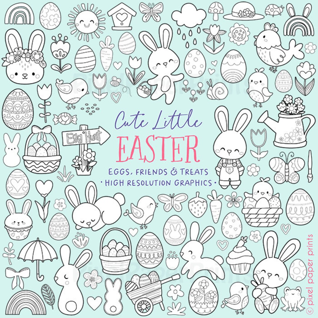 Easter Digital Stamps | Cute Little Easter Line Art | Black & White ...