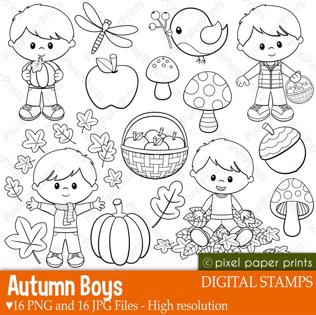 Autumn Boys - Digital Stamps - Clipart - Fall - Line Art - Etsy