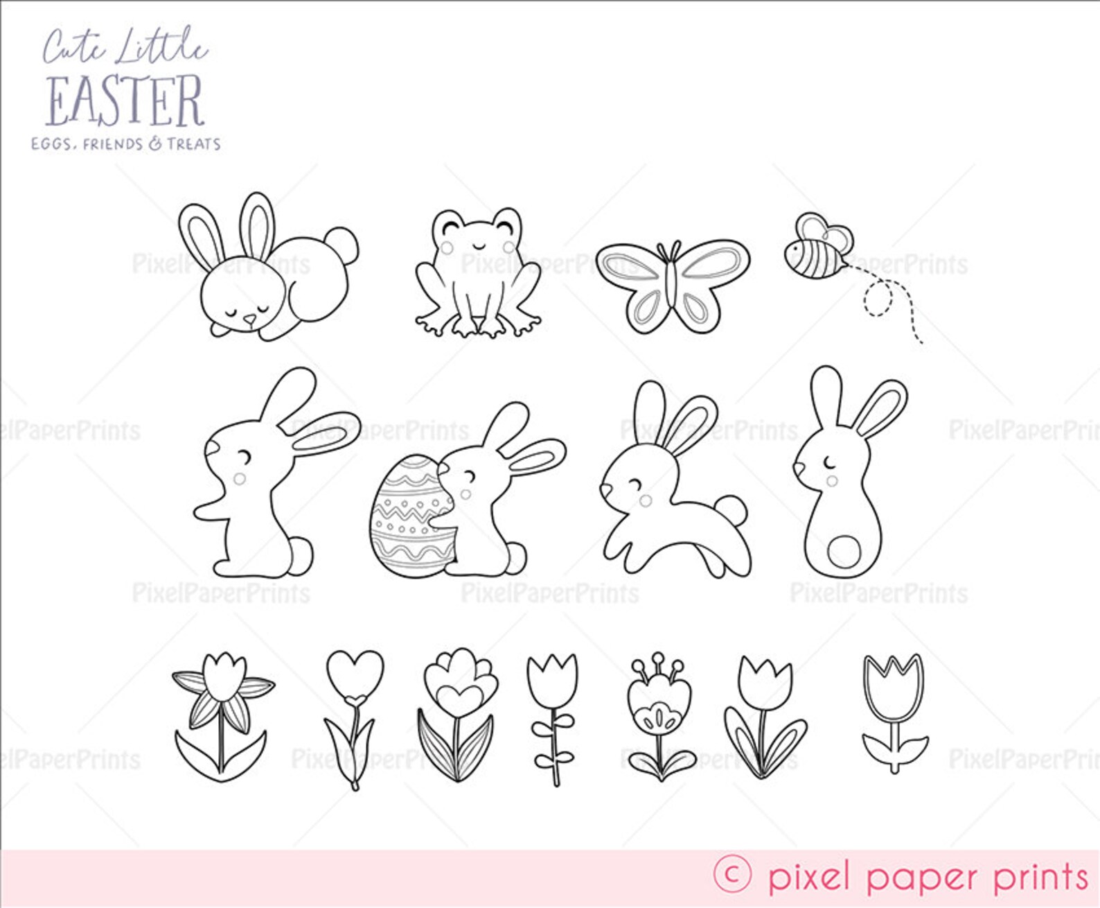 Easter Digital Stamps | Cute Little Easter Line Art | Black & White ...